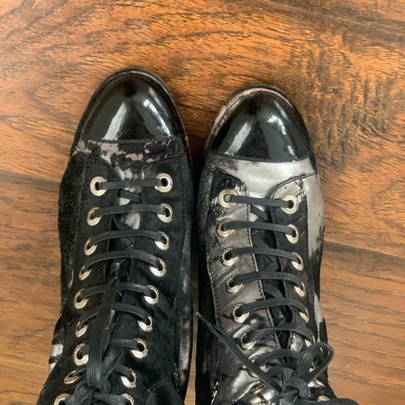 CHANEL | Shoes | Chanel Black And Silver Wedge Pony Skin Boots | Poshmark